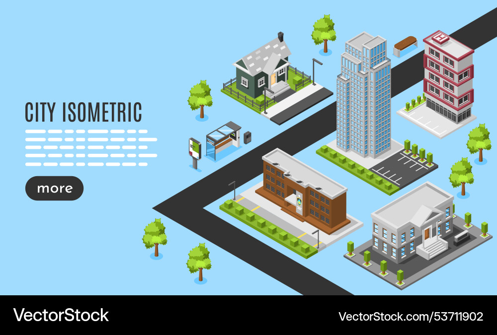 Isometric city scene with buildings horizontal Vector Image