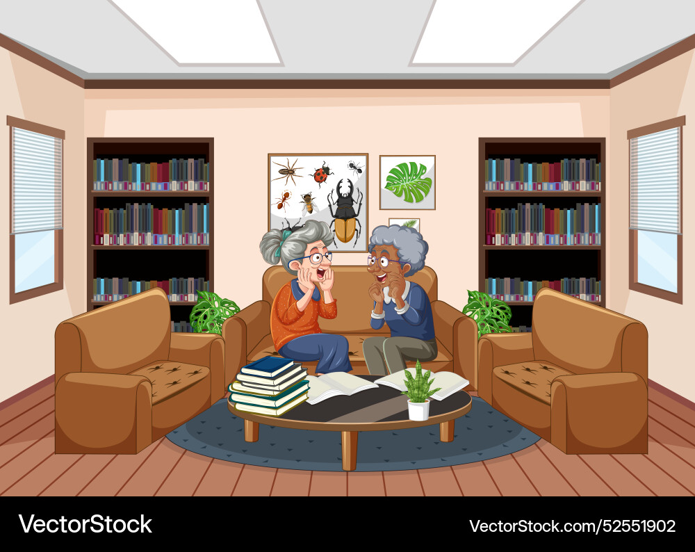 Two elderly women conversing in a cozy library Vector Image