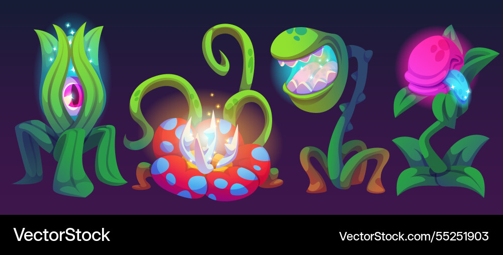 Glowing magical plant monsters in dark environment