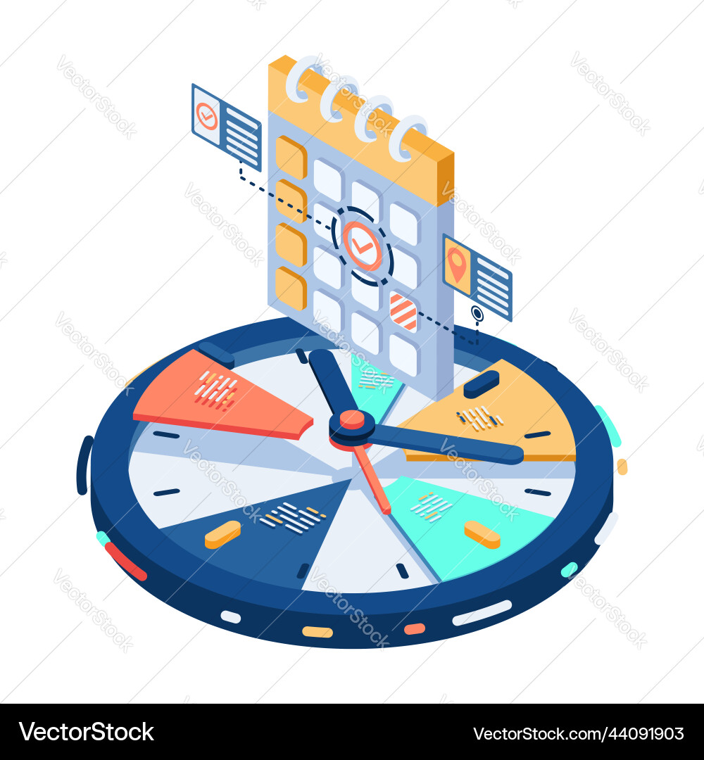 Isometric clock divided into parts with calendar Vector Image