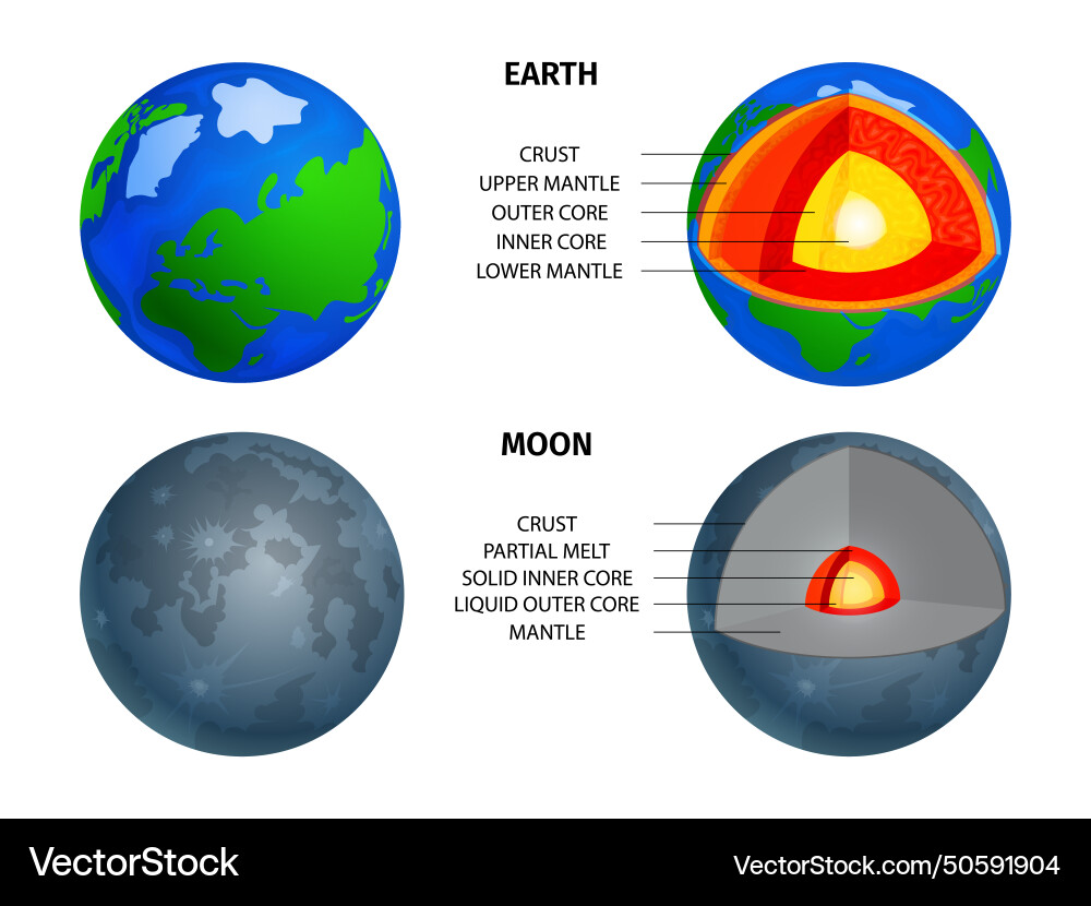 Earth and moon cross section layers Royalty Free Vector
