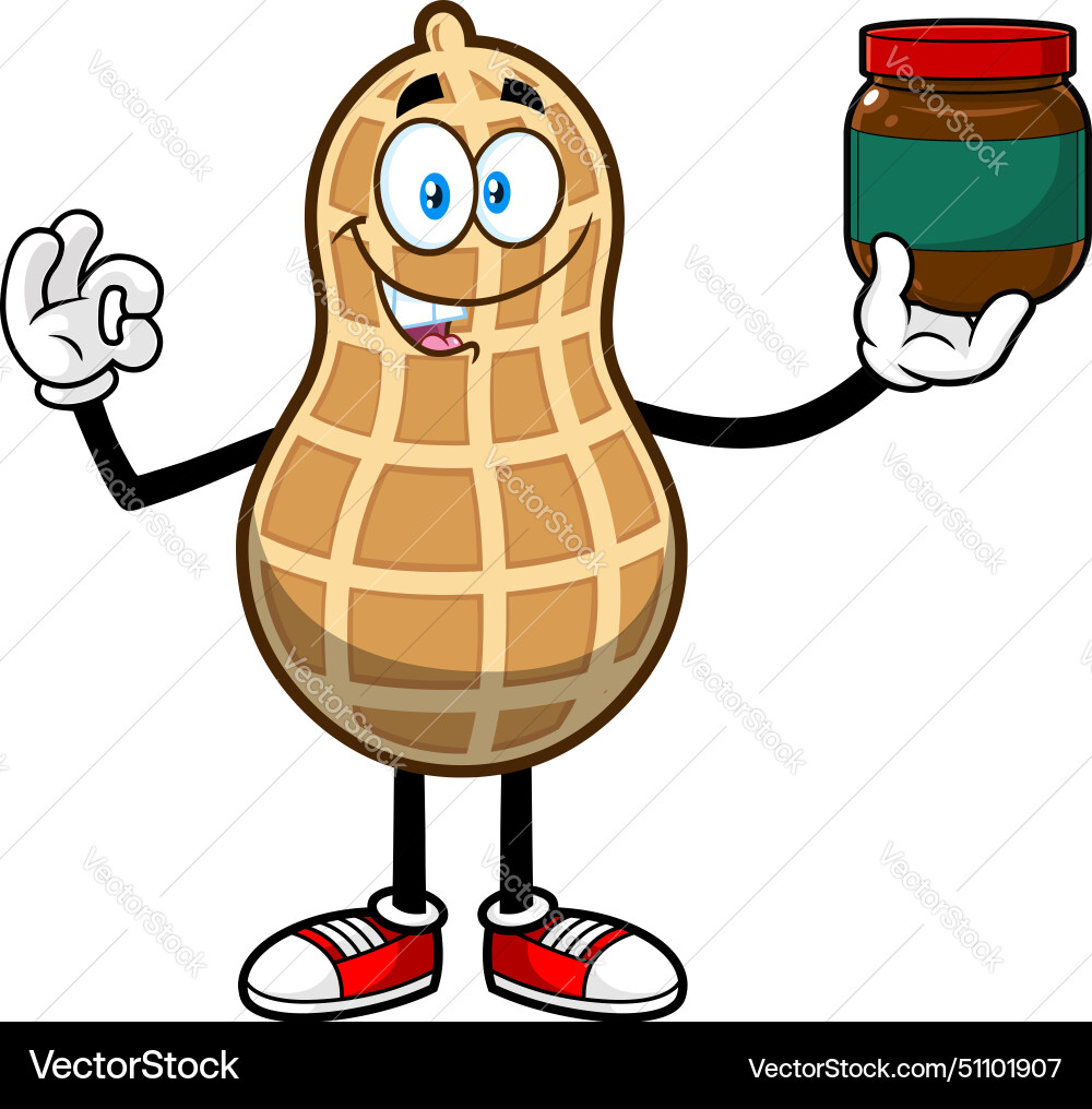 Peanut cartoon character holding a jar Royalty Free Vector