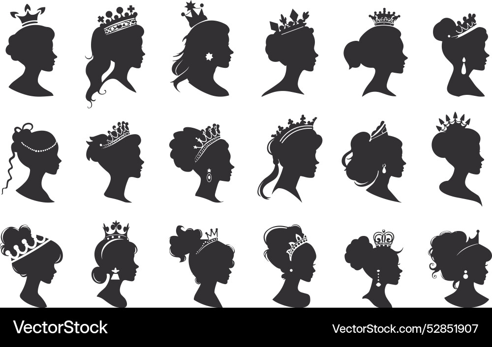 Princess profile portraite silhouettes set head Vector Image
