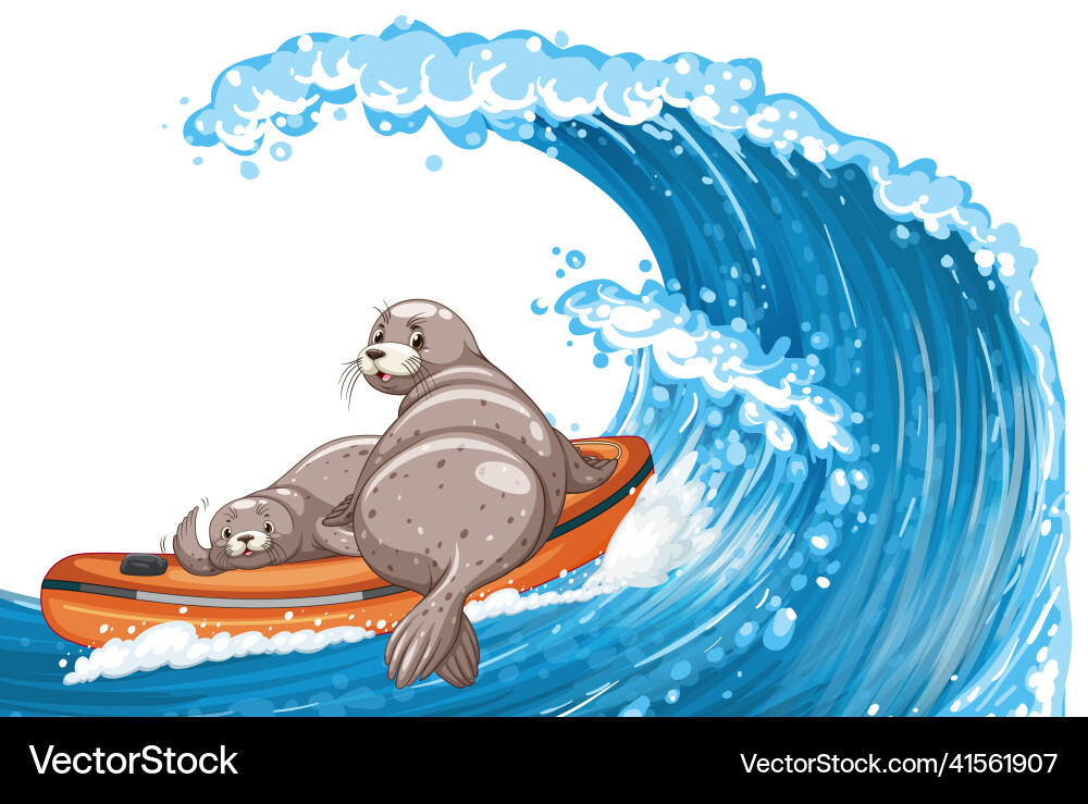 Seals in inflatable boat cartoon style Royalty Free Vector