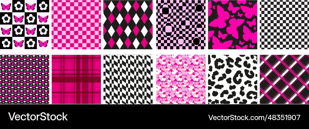 Y2k glamour emo pink seamless patterns set 2000s Vector Image