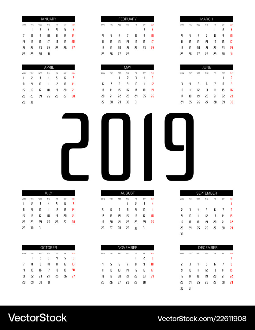 Calendar 2019 Royalty Free Vector Image - VectorStock