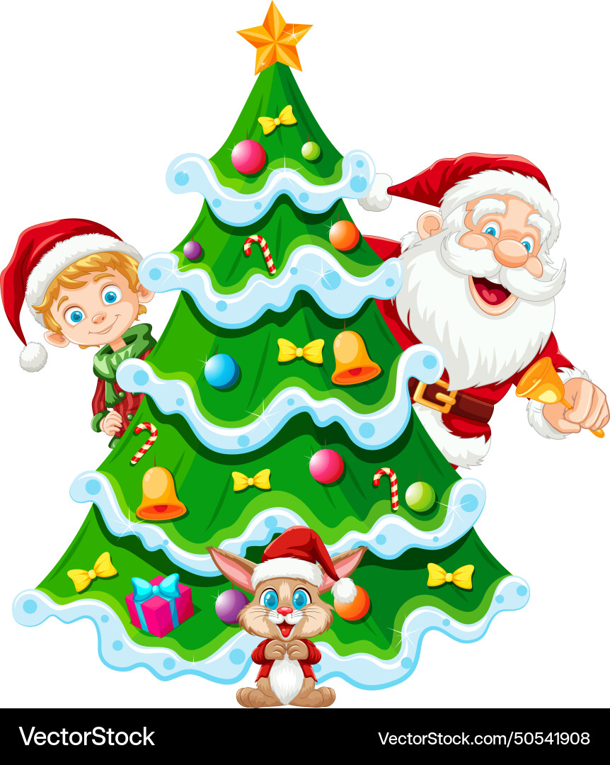 Cartoon santa elf and reindeer by a decorated tree