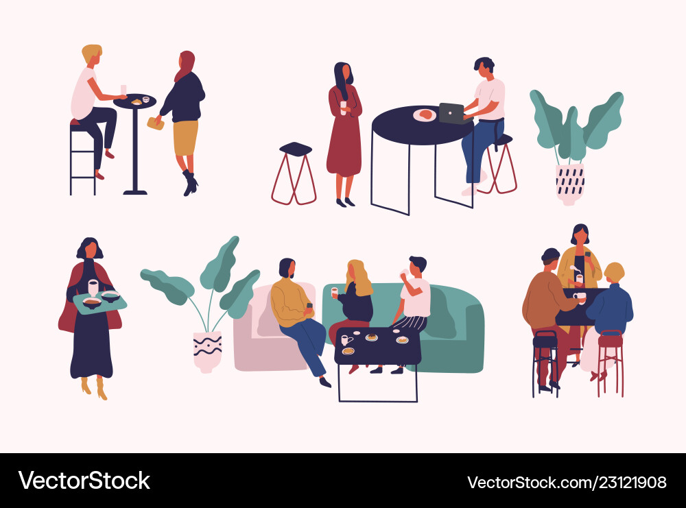 Sammlung von Menschen sitzen an Tischen trinken Vektorbild