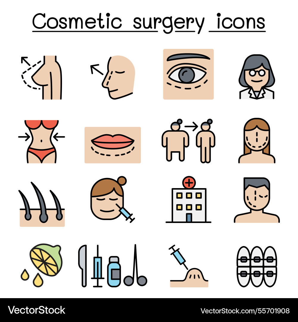 Cosmetic surgery surgical operation icon set Vector Image