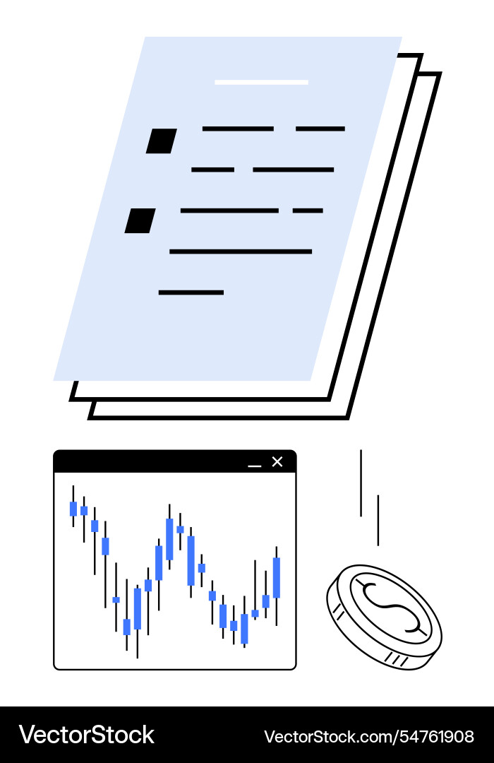 Financial documents with graphs and falling coin Vector Image