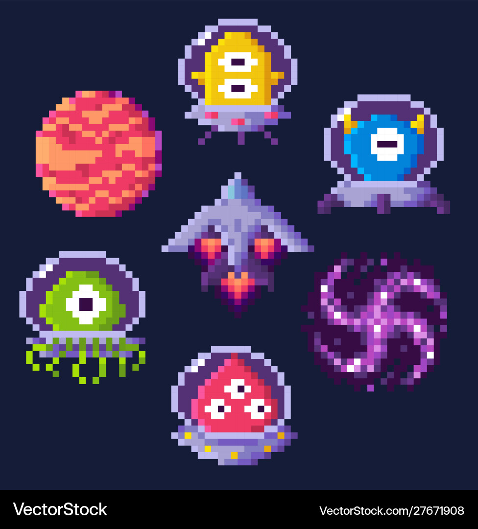 Space game pixel art aliens and spaceship icons Vector Image