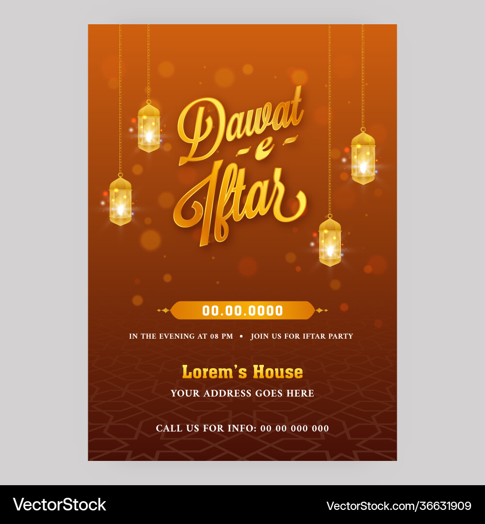 Dawat-e-iftar invitation card with hanging lit Vector Image
