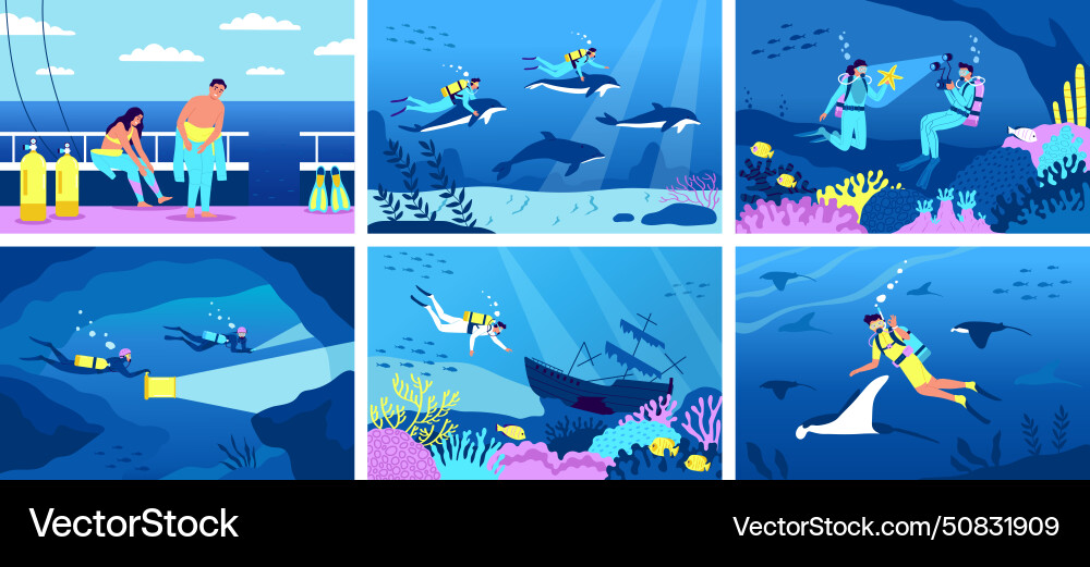 Diving flat set Royalty Free Vector Image - VectorStock