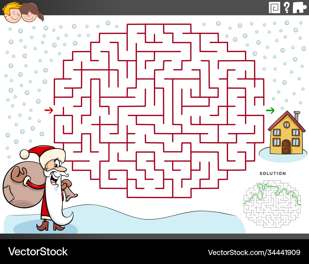 Santa Maze Coloring Page - Christmas Game Vector Image