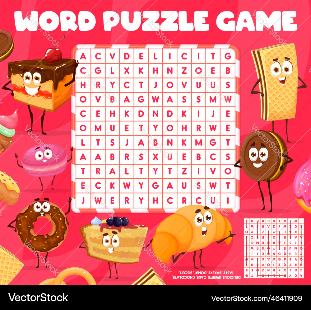 Word search puzzle game cartoon bakery sweets Vector Image