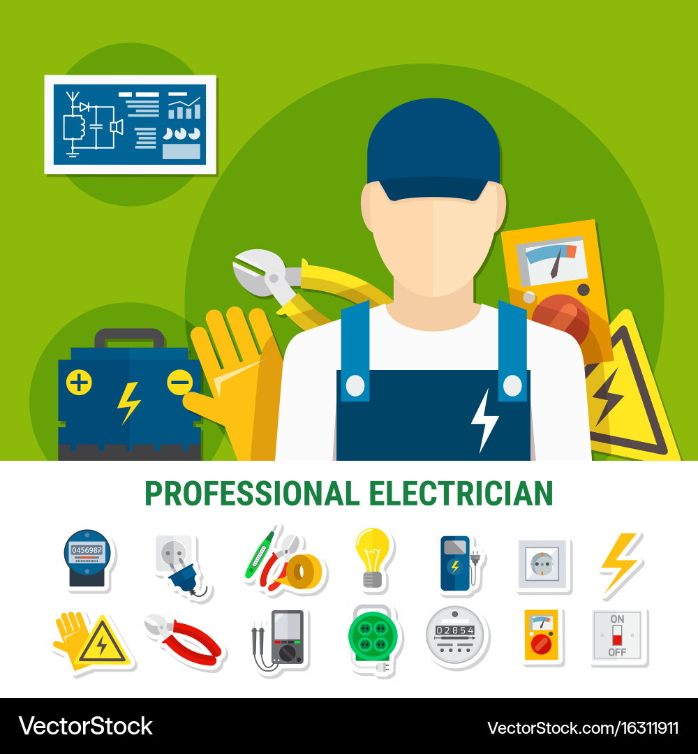 Electrician Icons Set - Tools & Symbols Vector Image