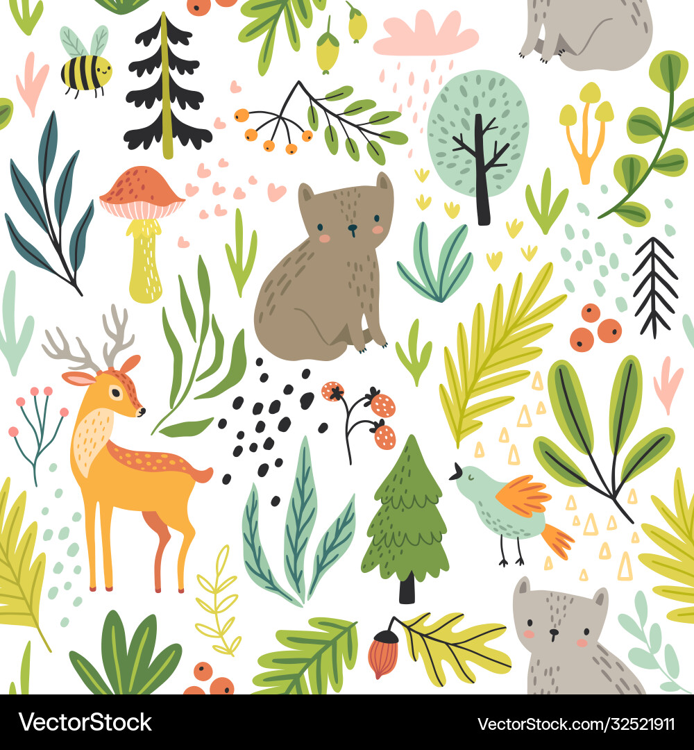 Seamless forest pattern with wild animals plants Vector Image