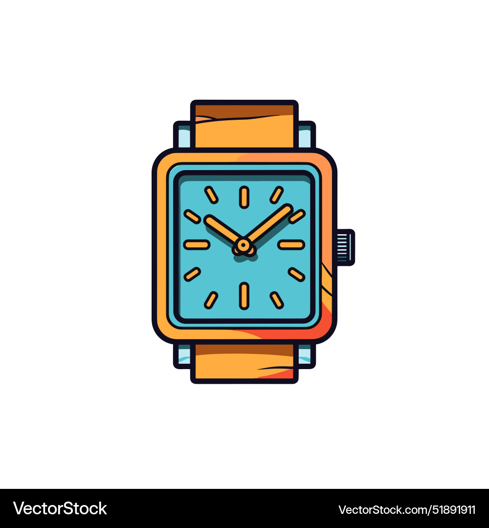 Square wristwatch with blue dial and orange strap Vector Image