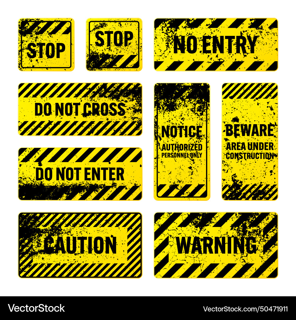Various yellow grunge warning signs with diagonal Vector Image