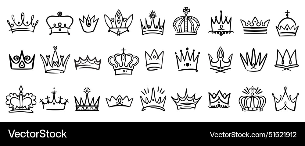 Doodle crowns hand drawn princess and prince line Vector Image