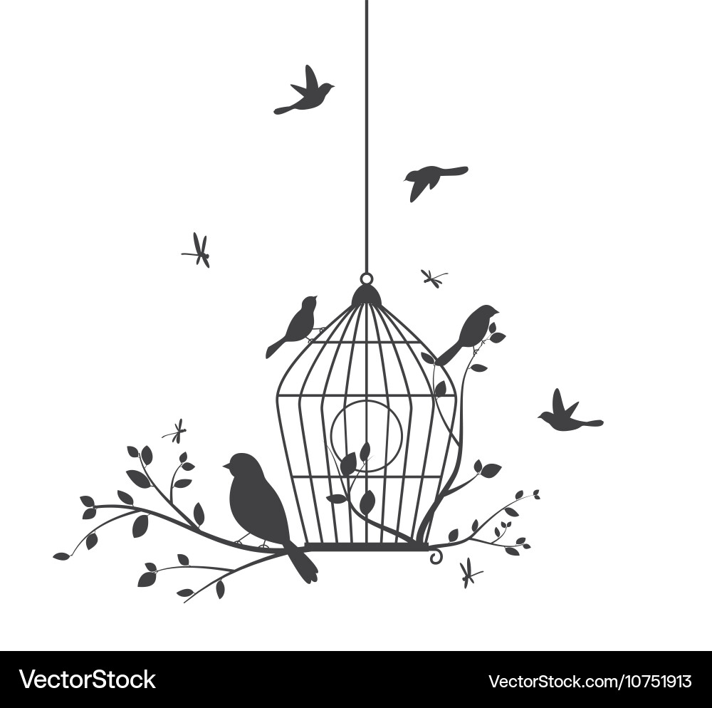 Colorful birds with tree and birdcage Royalty Free Vector