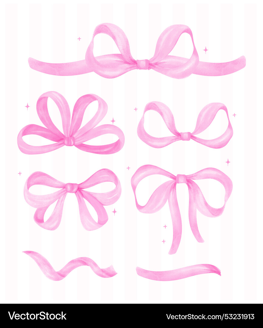 Coquette pink ribbon bow watercolor element set Vector Image