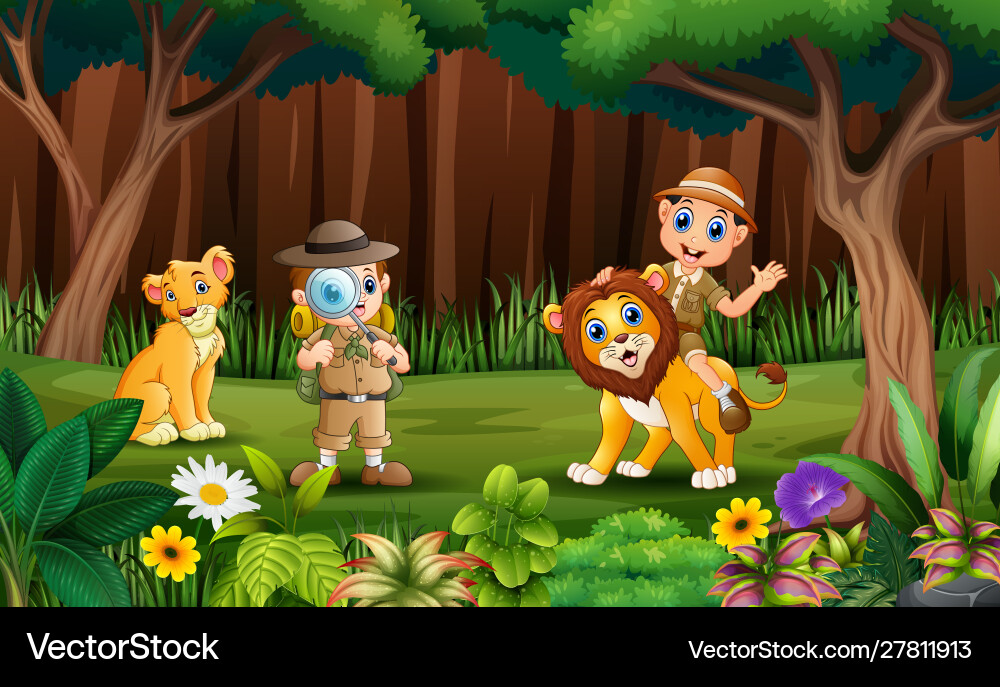 Explorer with lions in park Royalty Free Vector Image