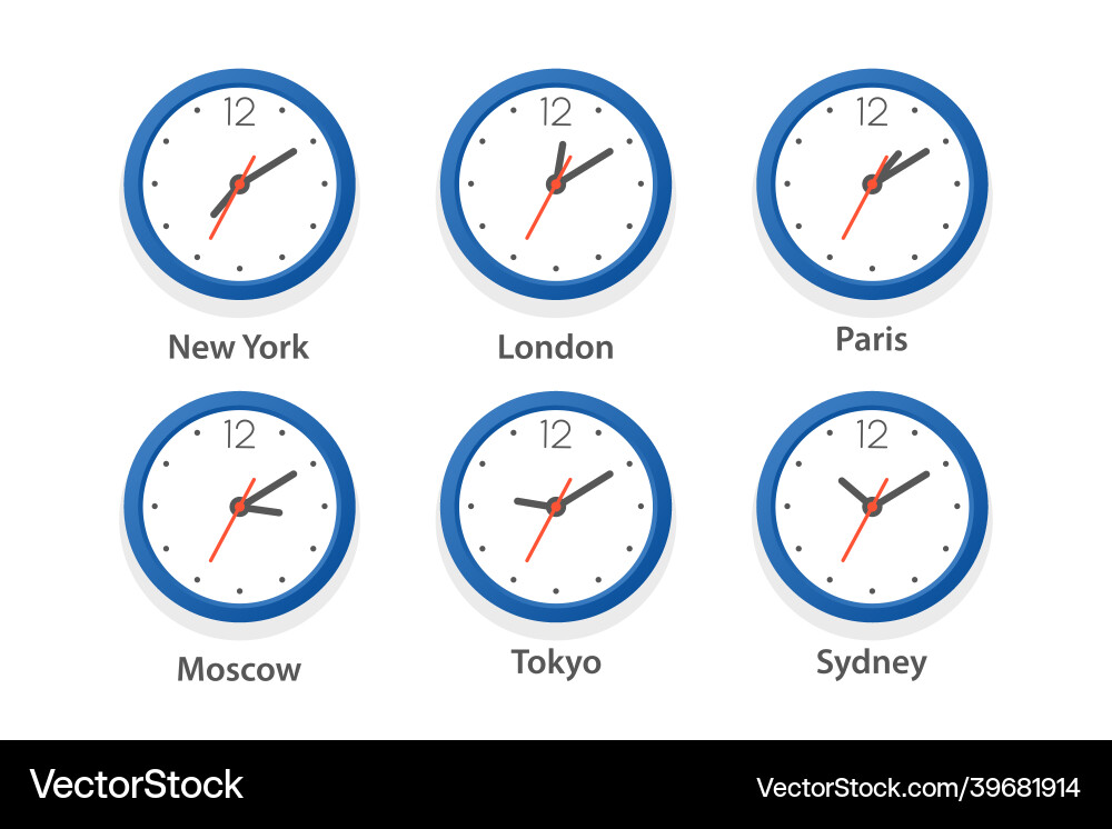 Flat wall office clock icon set time zones Vector Image