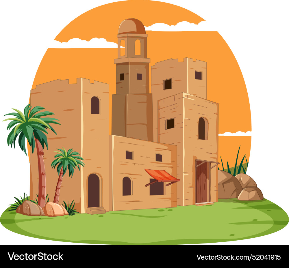 Historic structure with palm trees and rocks Vector Image