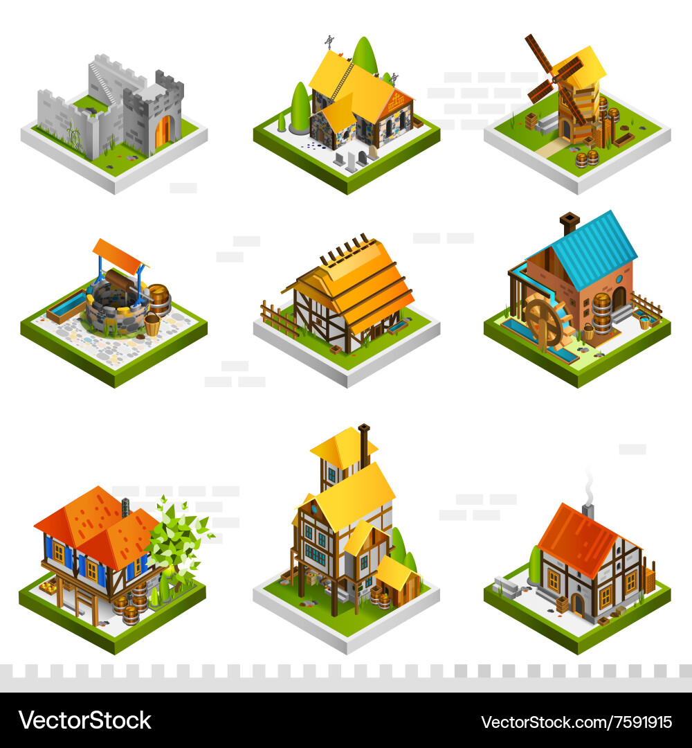 Medieval buildings isometric collection Royalty Free Vector