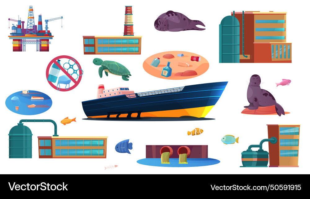 Ocean pollution flat set Royalty Free Vector Image