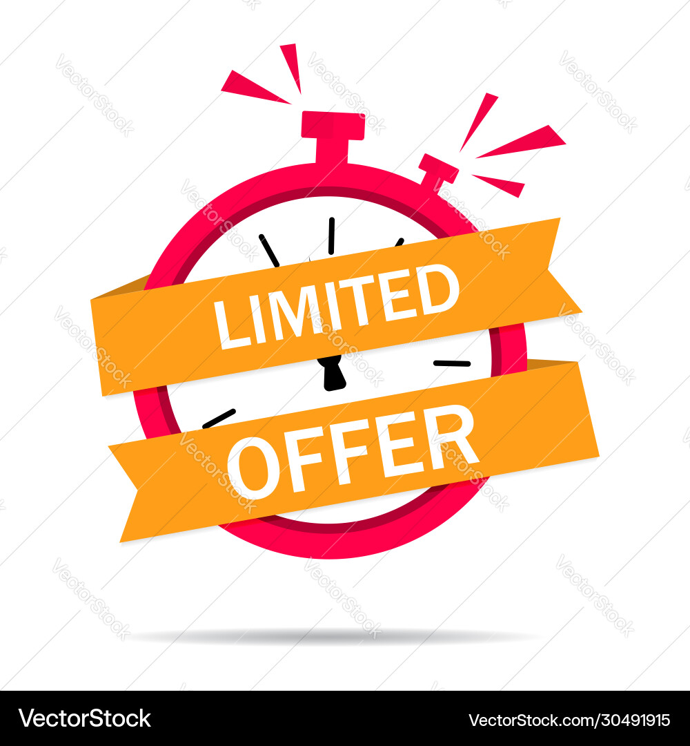 Orange limited offer labels with red clock alarm Vector Image