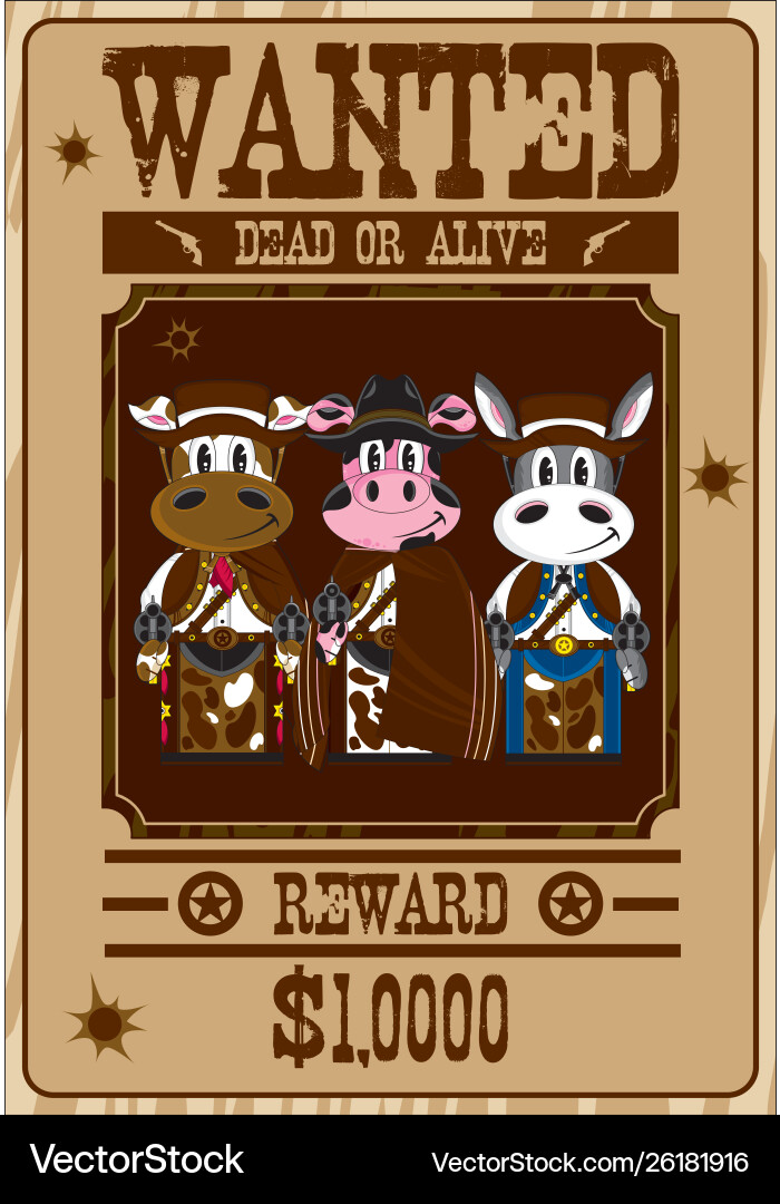 Cowboy animals wanted poster Royalty Free Vector Image