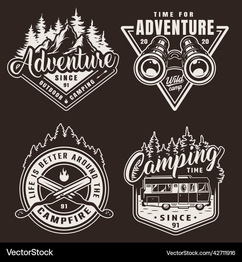 Vintage monochrome camping labels Royalty Free Vector Image