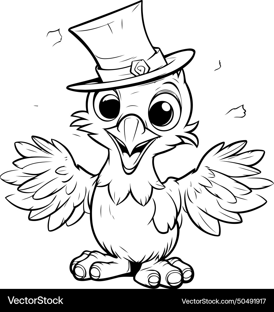 A cute owl in top hat - coloring book Royalty Free Vector
