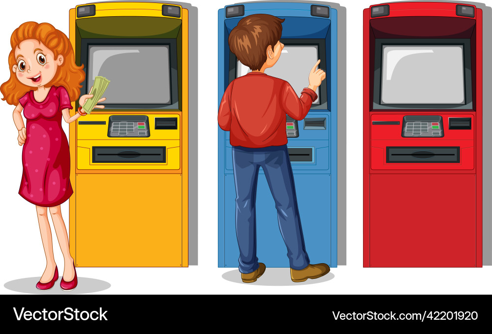 Atm machine with people cartoon character Vector Image