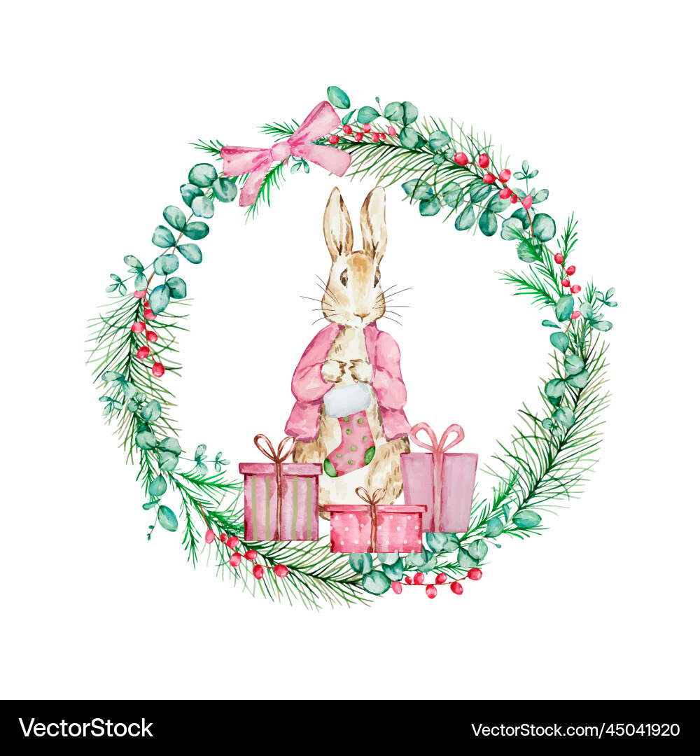 Watercolor peter rabbit with christmas stocking Vector Image