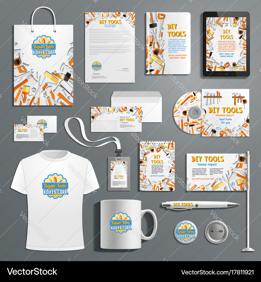Corporate identity items with work tools Vector Image