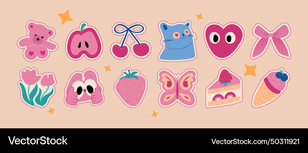 Cute pink sticker set png Royalty Free Vector Image
