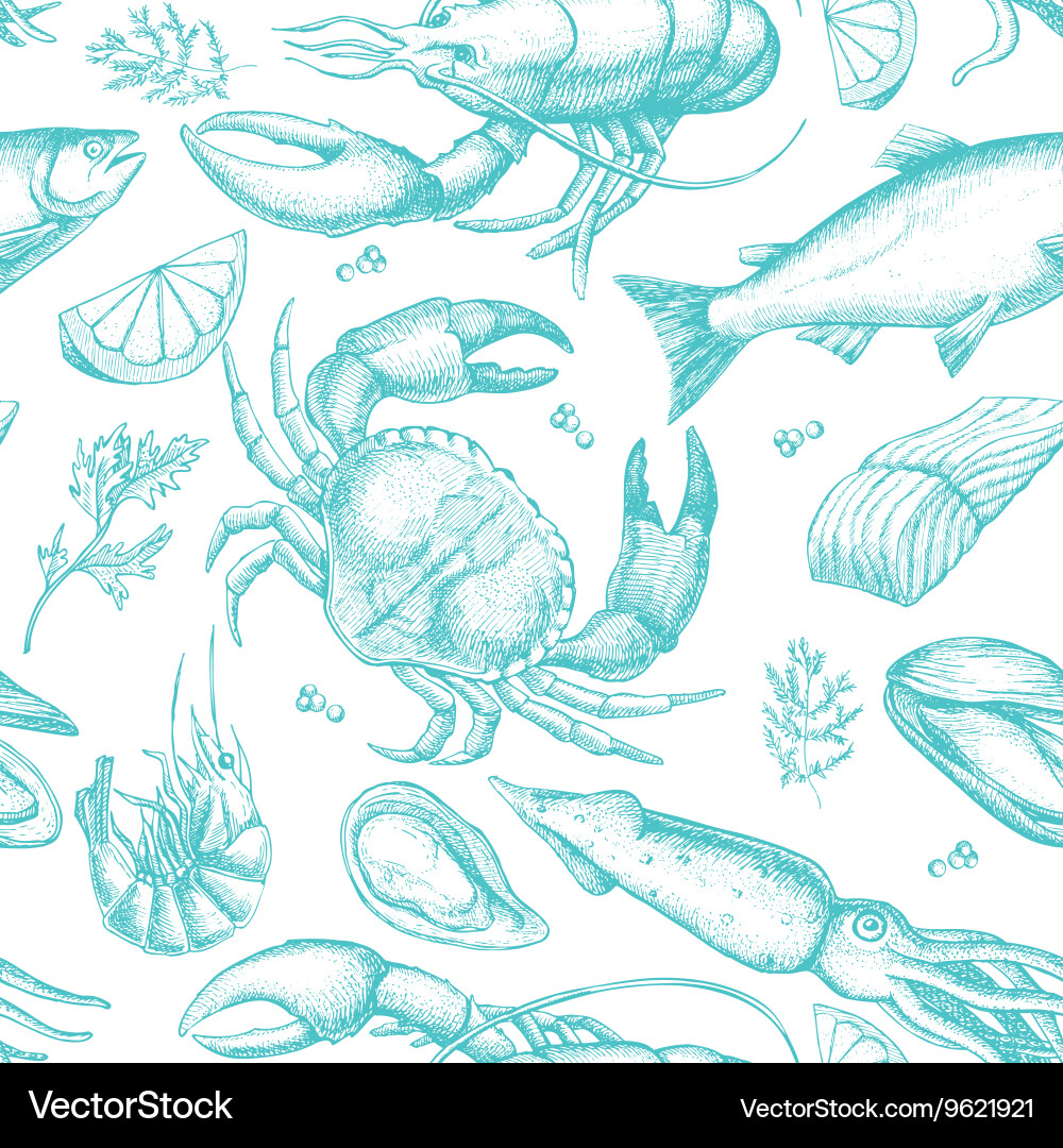 Hand Drawn Seafood Pattern - Marine Motif Vector Image