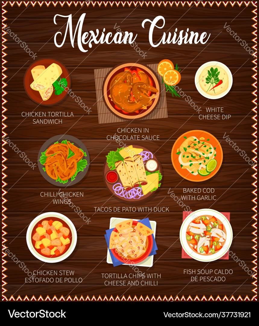 Mexican restaurant menu with seafood and meat meal