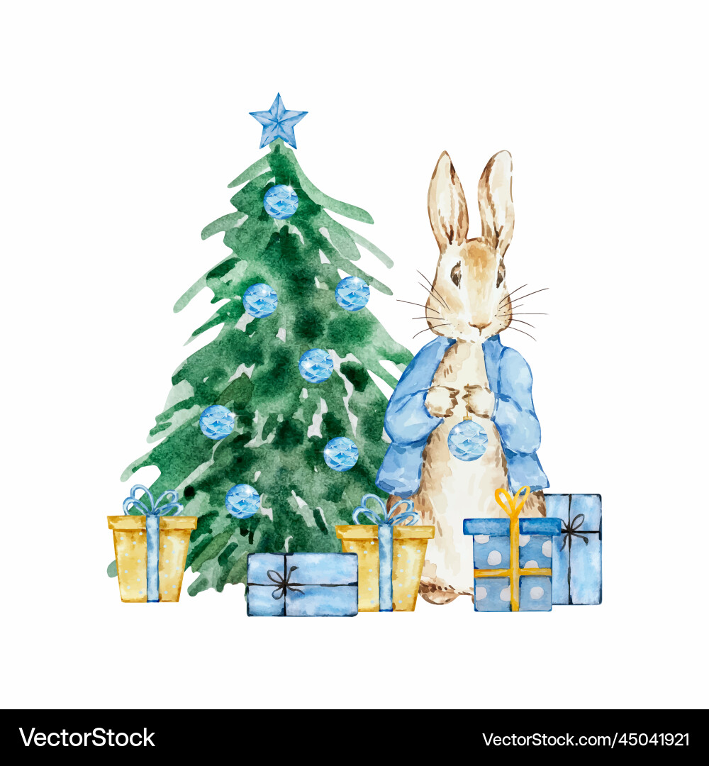 Watercolor peter rabbit with decorated christmas Vector Image