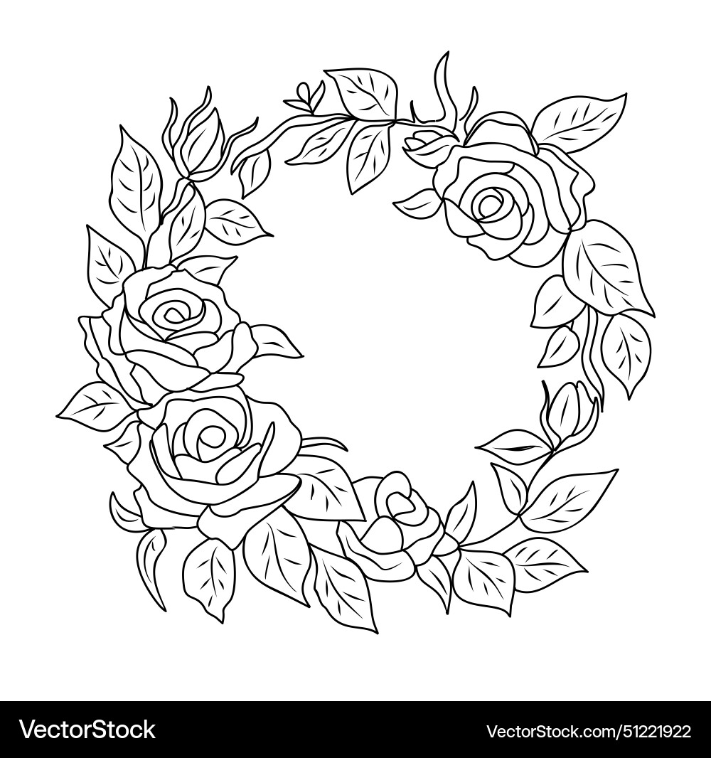 Hand drawn wreath with rose flowers line art Vector Image