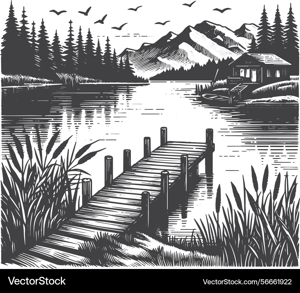Vintage hand-drawn lake scene with pine forest Vector Image