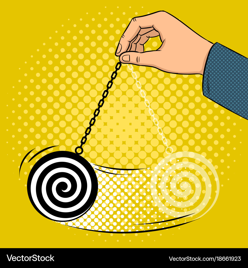 Hypnotizer pendulum in hand pop art Royalty Free Vector