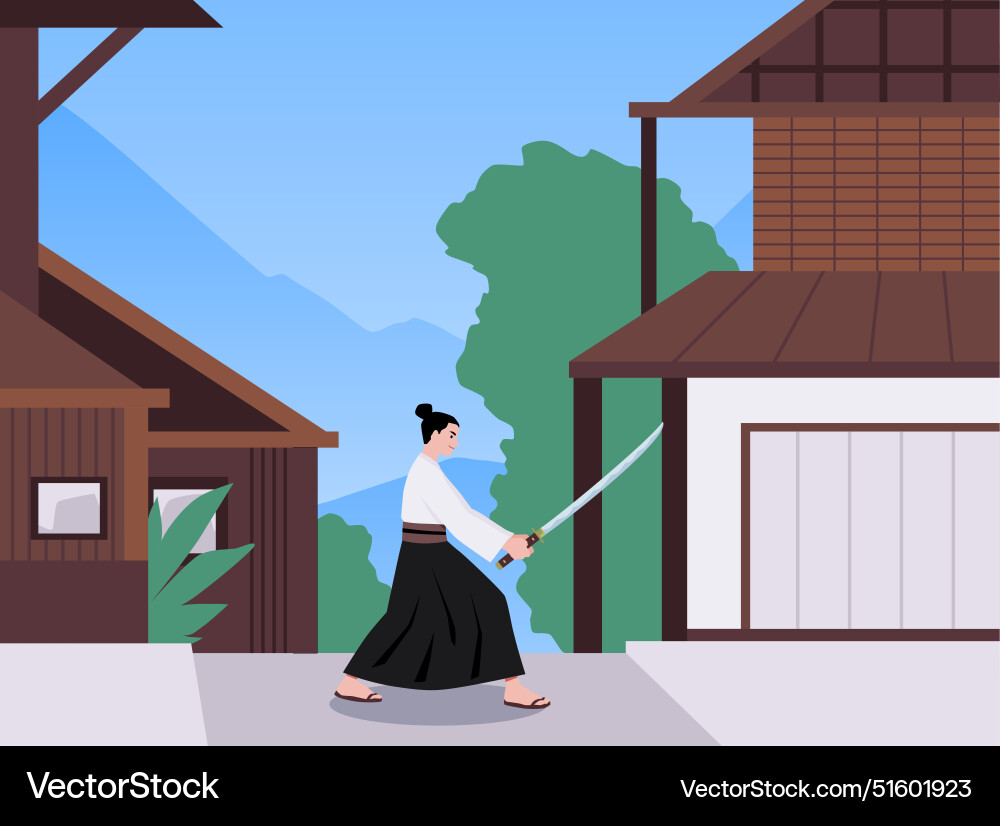 Samurai stands in profile and holds a katana Vector Image