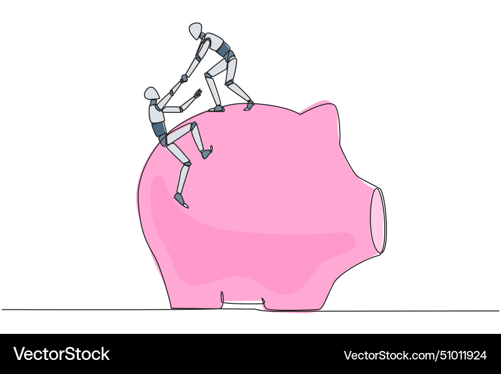 Continuous one line drawing robot helps colleague Vector Image