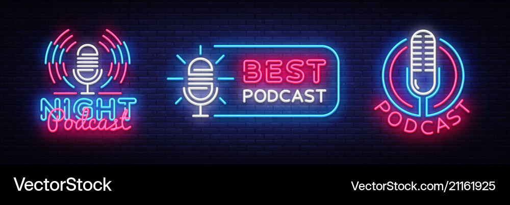 Podcast neon sign collection design Royalty Free Vector