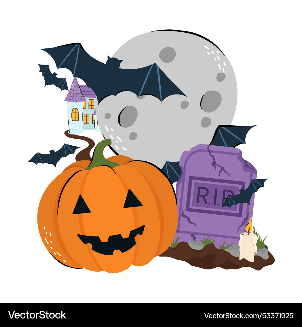 Pumpkin old grave rip memorial moon and bat Vector Image