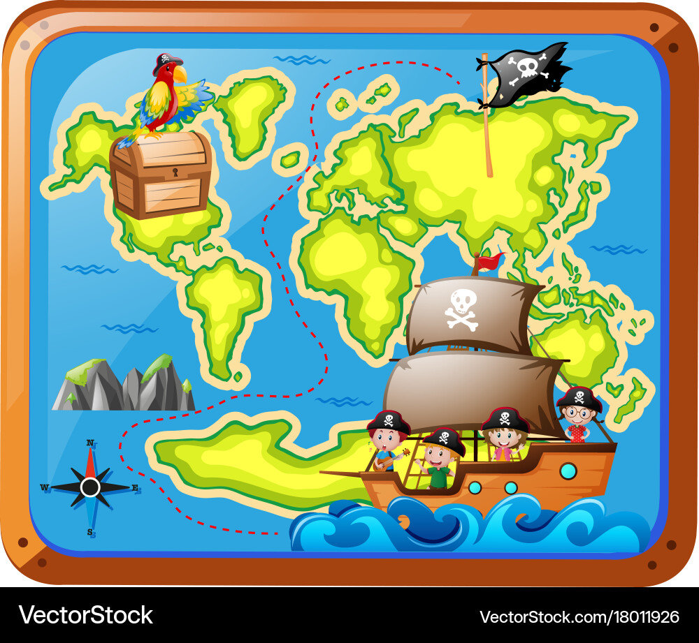 Pirates in ship and adventure map Royalty Free Vector Image